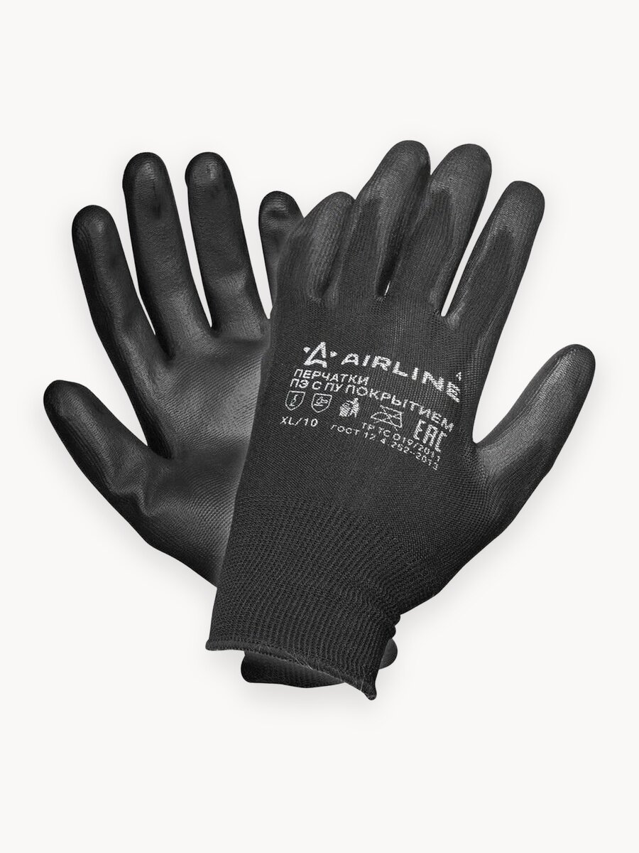 Перчатки полиэфирные Airline ADWG003, с цельным ПУ покрытием ладони (XL) черный/серый