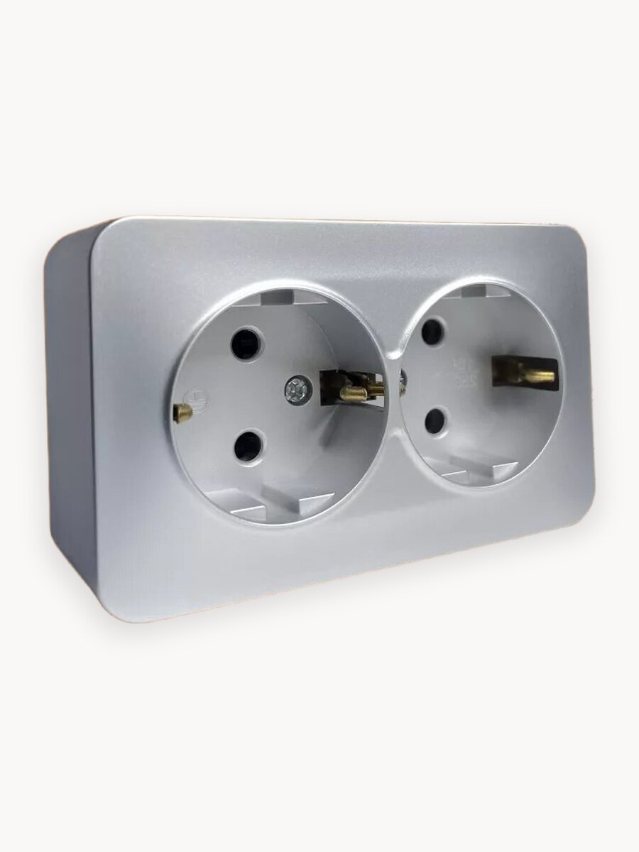 Розетка STEKKER София, накладная, с заземлением, 2 гнезда, серебро