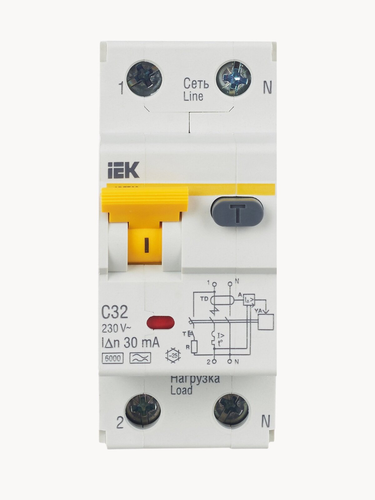 Автоматический выключатель дифференциального тока АВДТ32 C32 IEK, 32А, 30мА, 2 полюса, 230В, 6кА, класс A, IP20