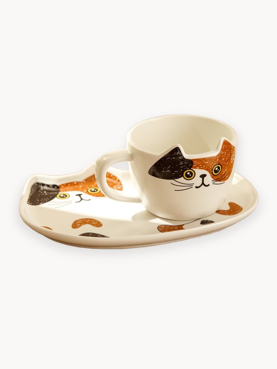 Чайная пара Подарочная «Котик», 3 предмета: чашка 200 мл, блюдце 18.8×13.6 см, ложка, керамика, белая
