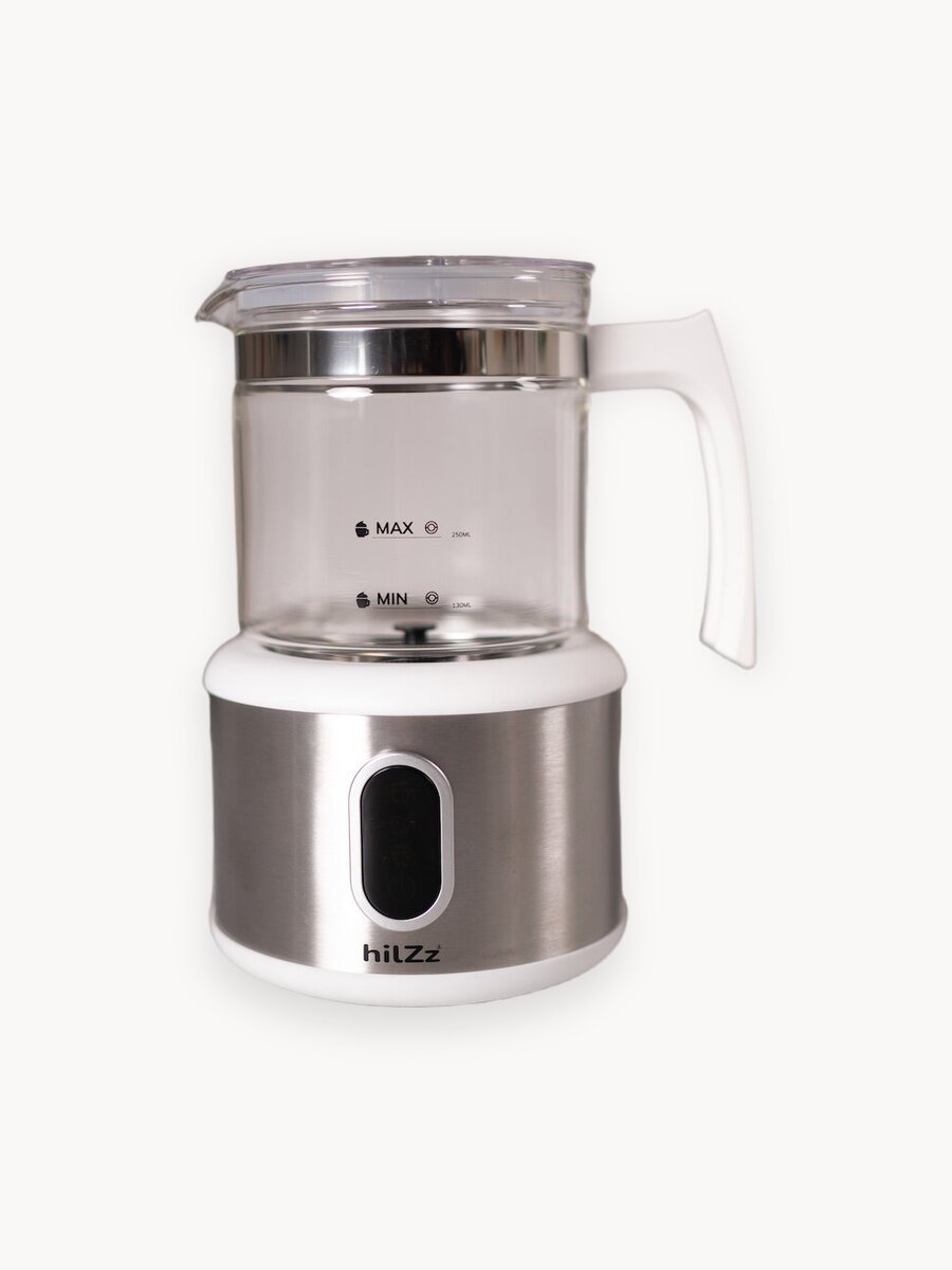 Капучинатор электрический (вспениватель молока) для кофе HILZZ из стекла и нержавеющей стали со съемной чашей, белый