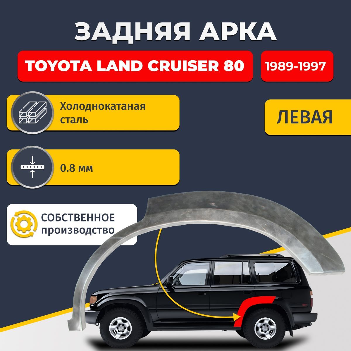 Левая задняя ремонтная арка для автомобиля Toyota Land Cruiser 80 1989-1997 внедорожник 5 дверей (Тойота Ленд Крузер 80). Холоднокатаная сталь 0,8мм.