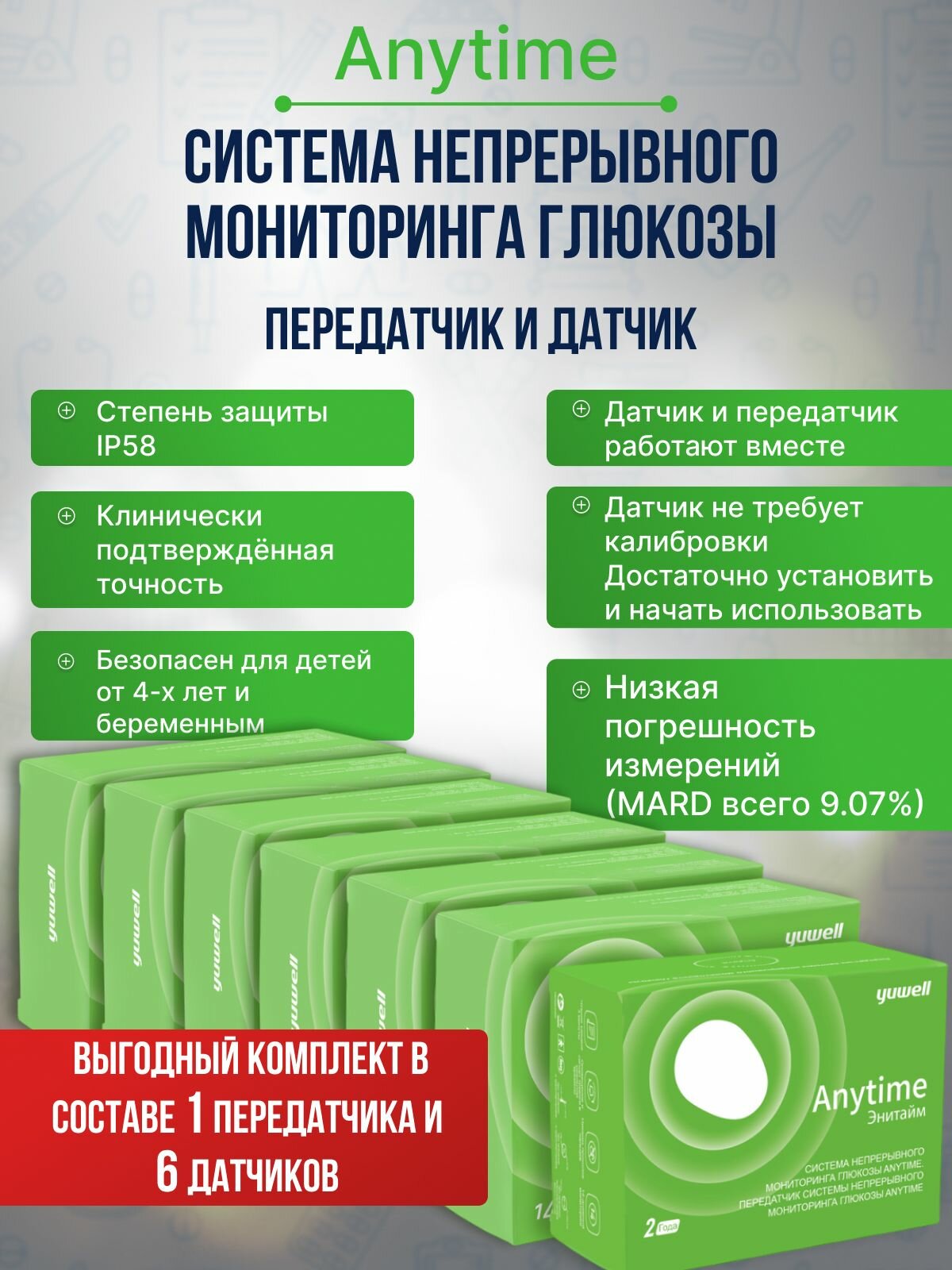 Система непрерывного мониторинга глюкозы ANYTIME (Энитайм) Yuwell (передатчик+датчик 6 шт)