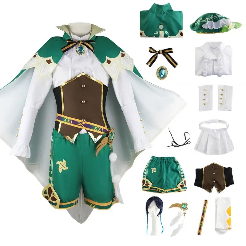 Genshin Venti Косплей костюм для детей Изумрудный, XXL, clothes and wig