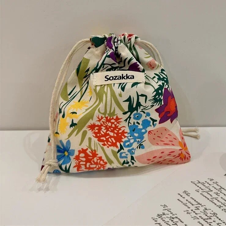 Маленькие сумки на шнурке из хлопчатобумажной ткани с цветочным принтом, органайзер для губной помады, туалетных принадлежностей, макияжа, карман для монет, сумки, кошелек, ключи, сумка для хранения наушников 2