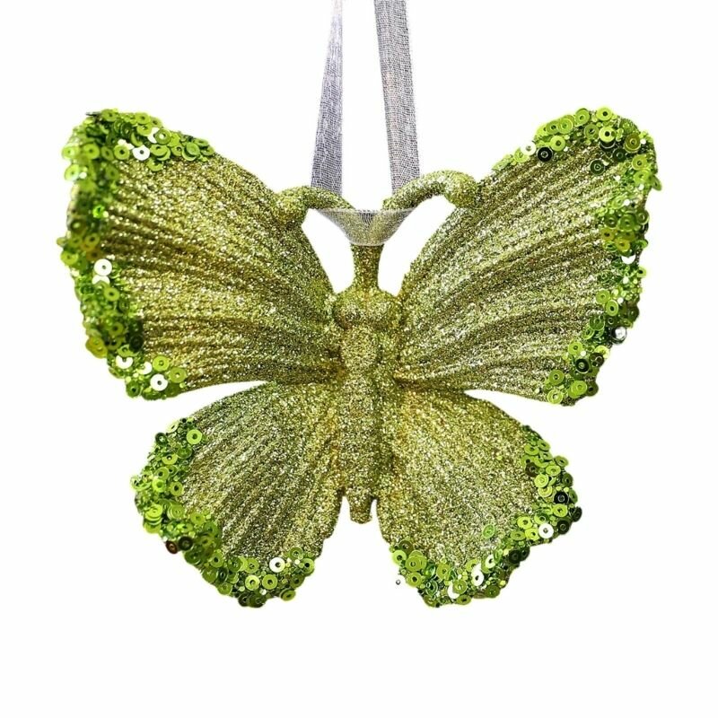 Фруктово-зеленые блестки, посыпанные розовым кулоном из ПК, рождественское украшение, подвеска в виде снежинки-трехмерная бабочка