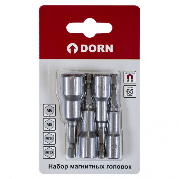 Набор магнитных головок DORN М6, М8, М10, М13, 1/4", 4 шт