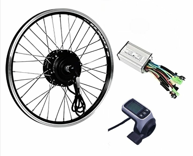 Мотор-колесо редукторное 500Вт, переднее 26", LCD дисплей с курком газа 36В/48В, набор (Green-DDK)