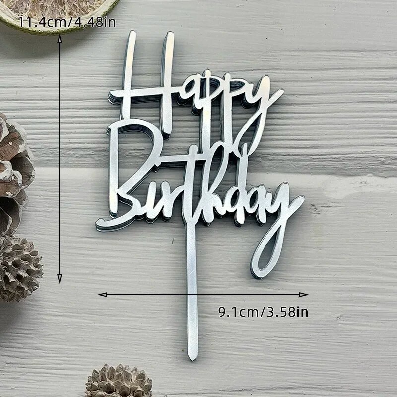 Акриловый топпер для торта "Happy Birthday", L10 style, серебро