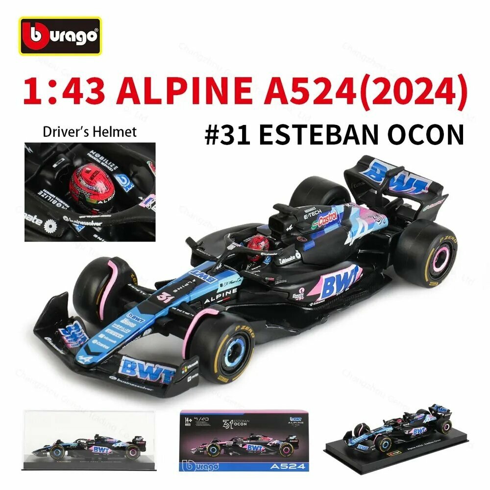 Акриловая коробка Bburago 1:43 2024 BWT Alpine A524 Японский Формульный болид Формулы-1, Литые под давлением автомобили, коллекционная модель гоночных игрушек