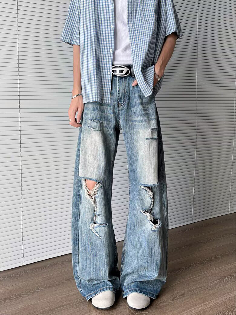 Тренд RONG CH Джинсы Мужские Буткют Винтажные Страненные Синие Рваные Свободные Прямые Деним, Размер_M