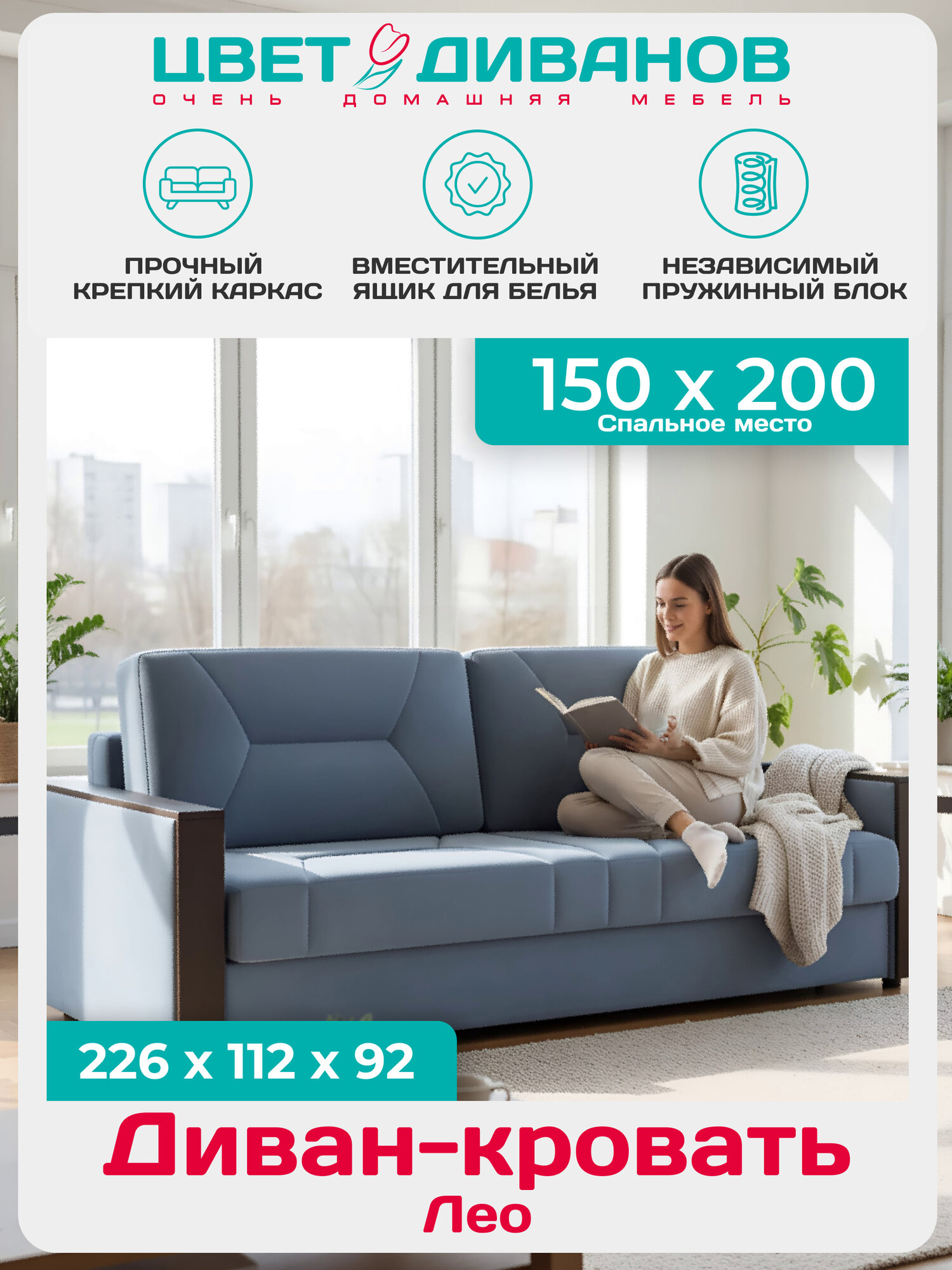 Раскладной диван-кровать прямой двуспальный в гостиную, еврокнижка Лео с ортопедическим матрасом, Цвет Диванов