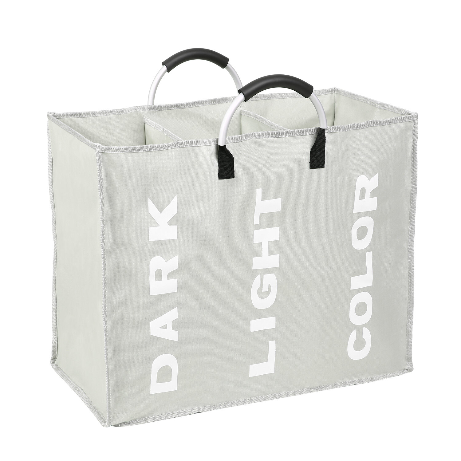 Мешок для стирки раз접ный 3-разделенный, ткань Оксфорд 600D, аллюминиевый ручка, размер развернутый 60*32*49 см, размер сложенный 25*22*8 см, цвет светло-серый, емкость большая, портативный, для сортировки одежды, хранения игрушек, принадлежностей, 1 шт.