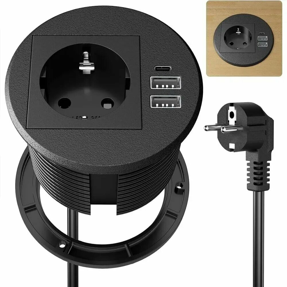 Встраиваемая выдвижная розетка для столешницы / 1 розетка + 2 USB A + USB Type-C
