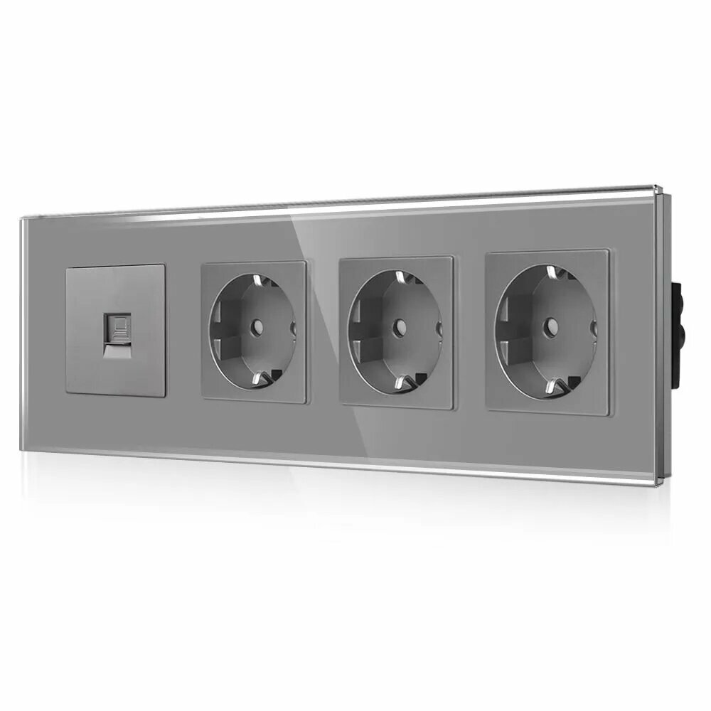 Розетка электрическая 4 поста 220В +Розетка RJ-45 CAT6 Ethernet серый