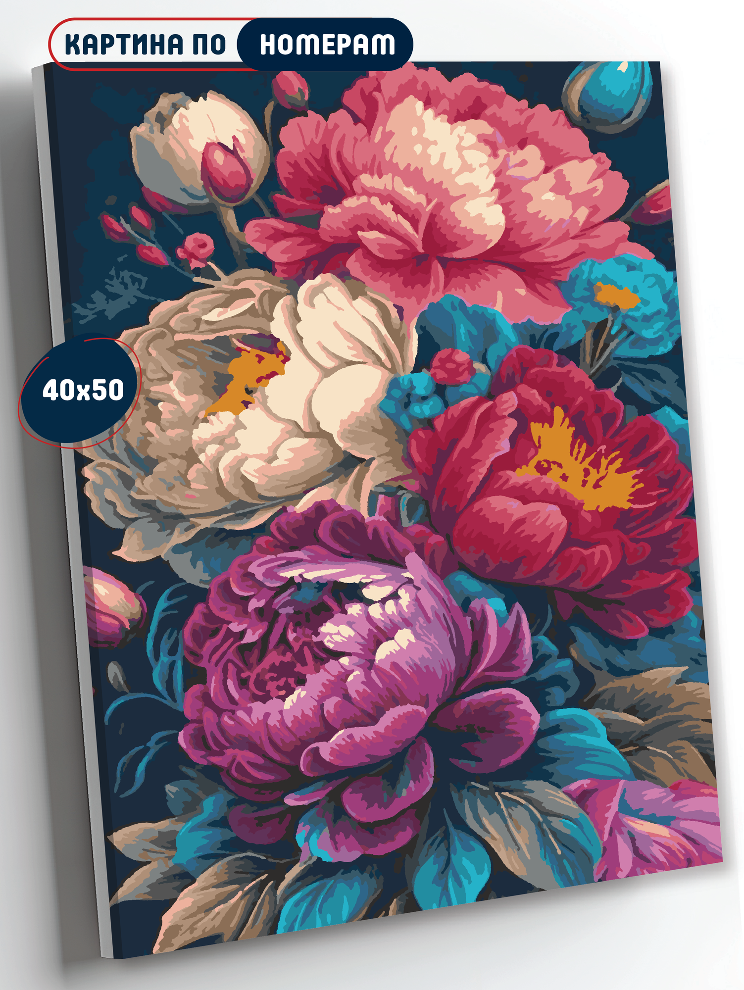Картина по номерам "Цветные пионы", Холст на подрамнике 40х50, набор для рисования