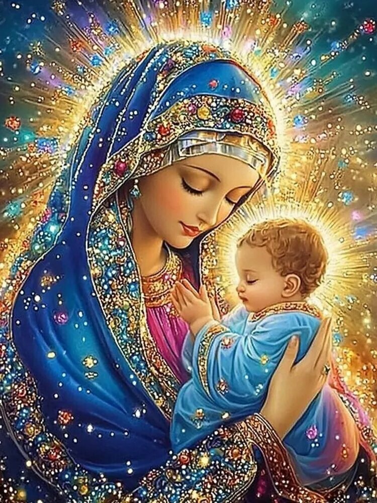 Алмазная картина "Богородица с Младенцем", 30x40 см. Православная икона, золотые узоры.