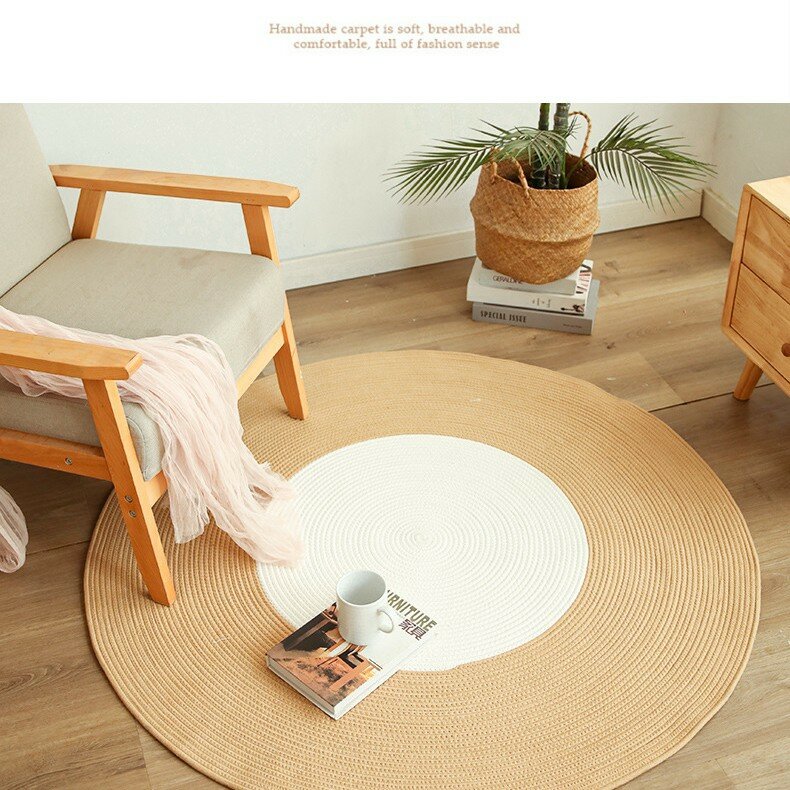 Скандинавский хлопковый коврик с европейским стилем и кисточками, хлопковый льняной коврик для балкона, для домашнего использования, круглый коврик для прикроватной тумбочки в японском стиле