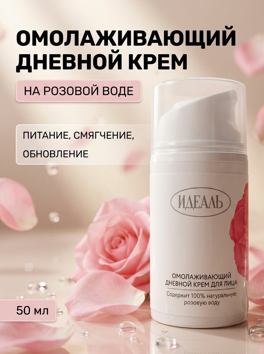 Крем для лица омолаживающий дневной на розовой воде с гиалуроновой кислотой и витамином F, 50 мл