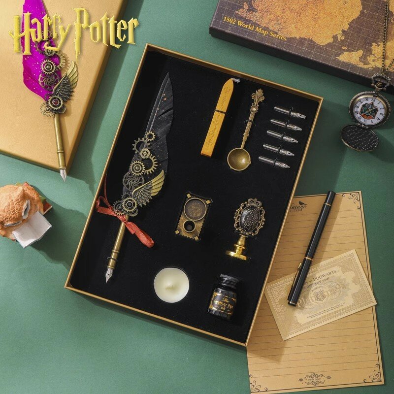 Набор подарочных ручек Magic Academy Retro Mechanical Feather Fountain Pen, набор перьевых ручек в стиле стимпанк с золотыми блестками