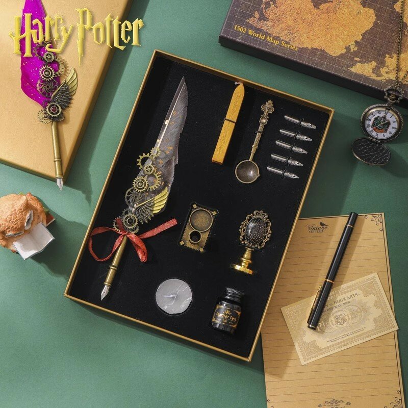 Набор подарочных ручек Magic Academy Retro Mechanical Feather Fountain Pen, набор перьевых ручек в стиле стимпанк с золотыми блестками
