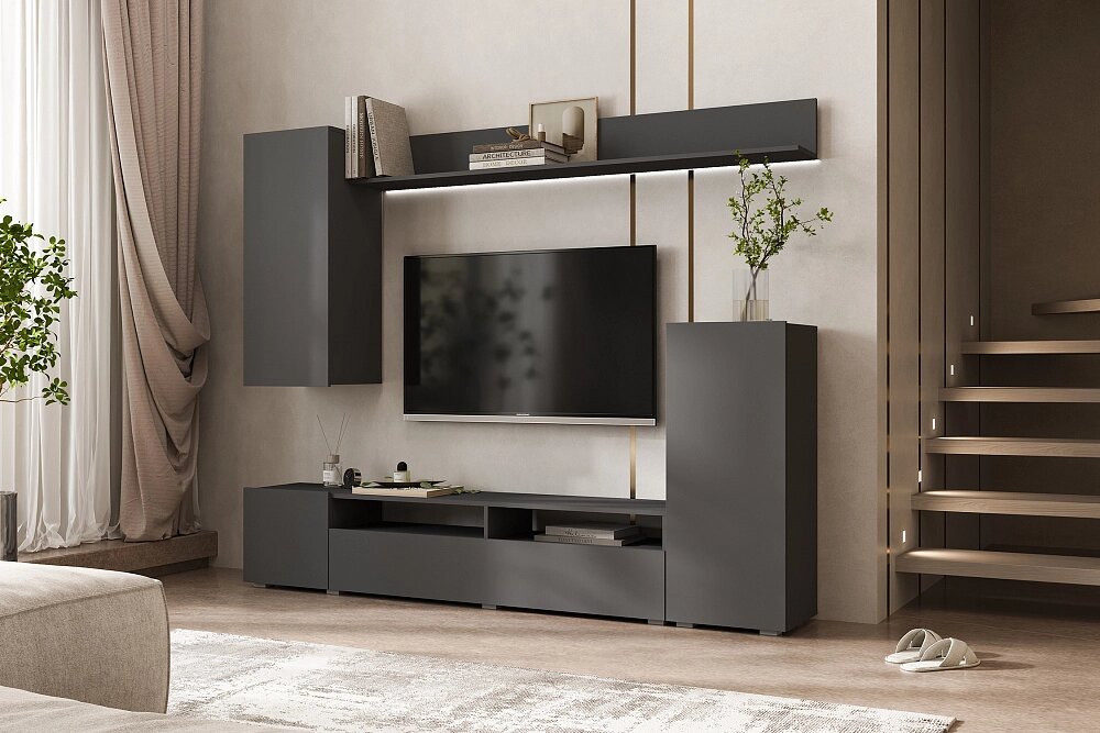 Гостиная центральная секция стенка ниша под ТВ, шкаф, Верона, 213х170х35 см, Верона, ЛДСП, МИФ, Графит