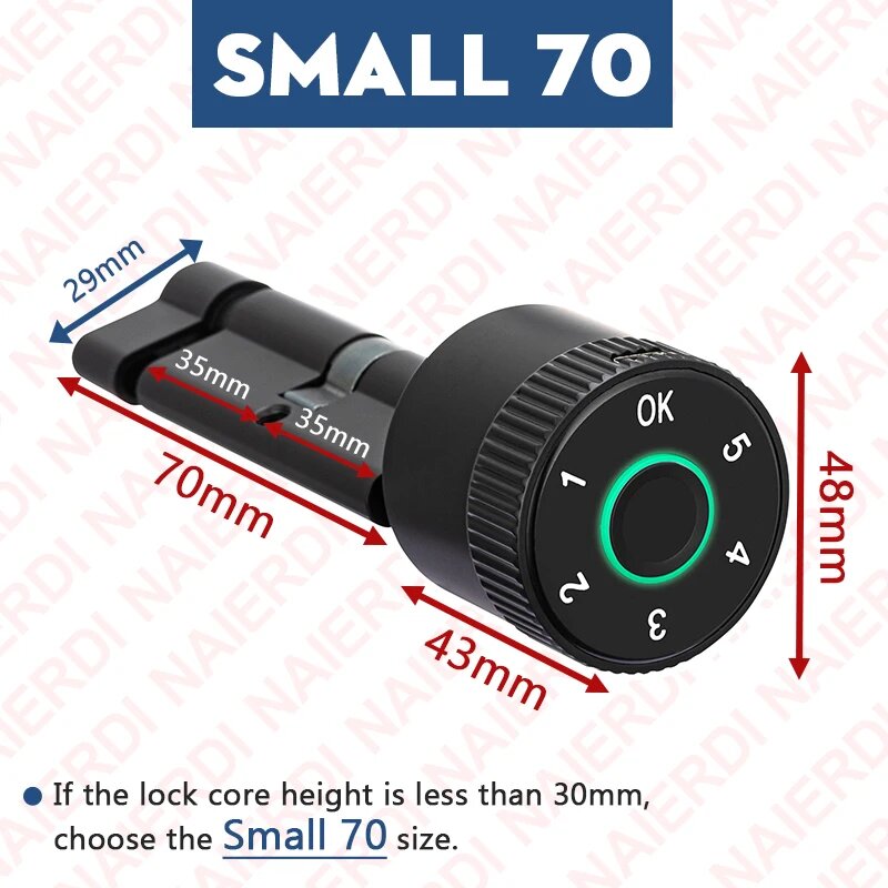 NAIERDI Умный электронный цилиндр замка черный/серебристый Small 70 Black