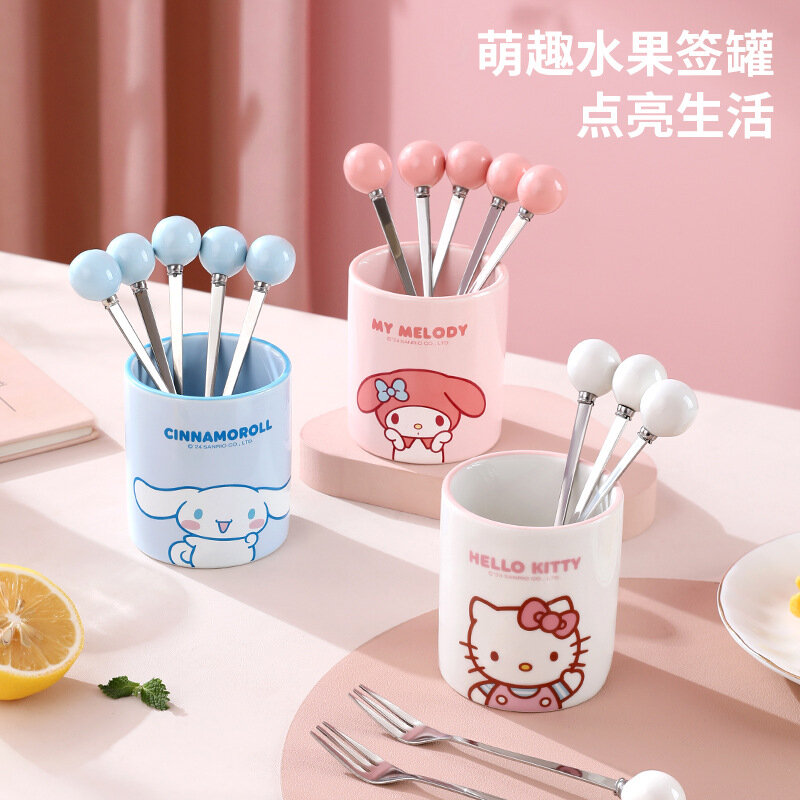Набор фруктовых вилок Sanrio, для домашнего использования, для десертов, в симпатичной керамической банке для хранения, высококачественная вилка из нержавеющей стали.
