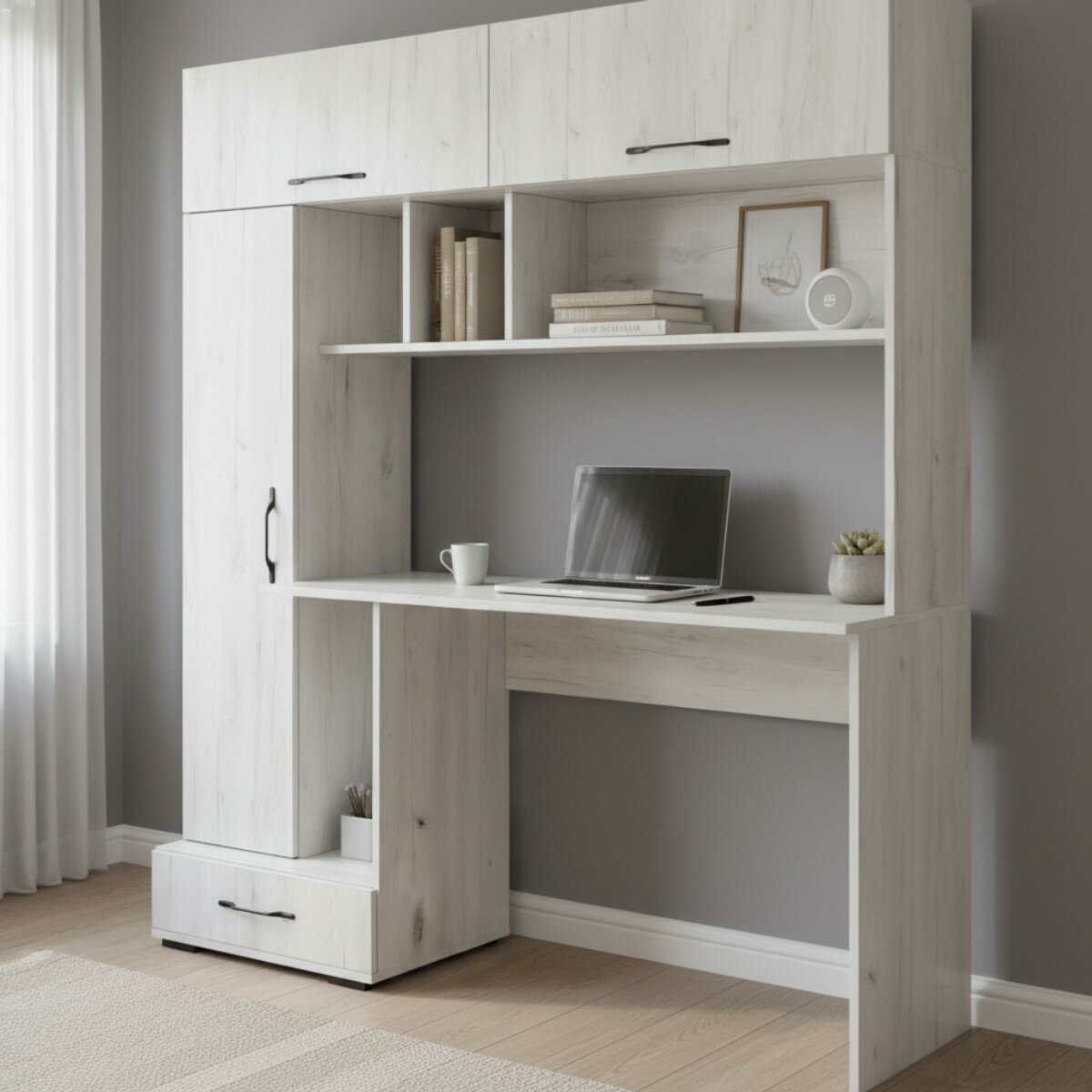 Компьютерный стол Памир ПКС-1, ЛДСП, Дуб Крафт белый, Ширина 1500 мм х Высота 1800 мм х Глубина 570 мм.