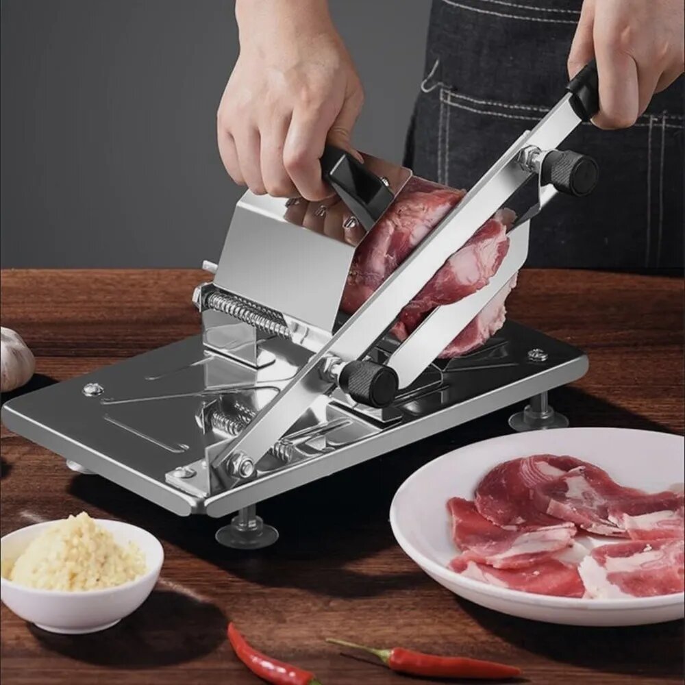 Слайсер для тонкой нарезки замороженного мяса и сырокопченых колбас STEEL SLICER standart/Ломтерезка для мясных изделий/Нарезка охлаждённых рулетов и хамона.