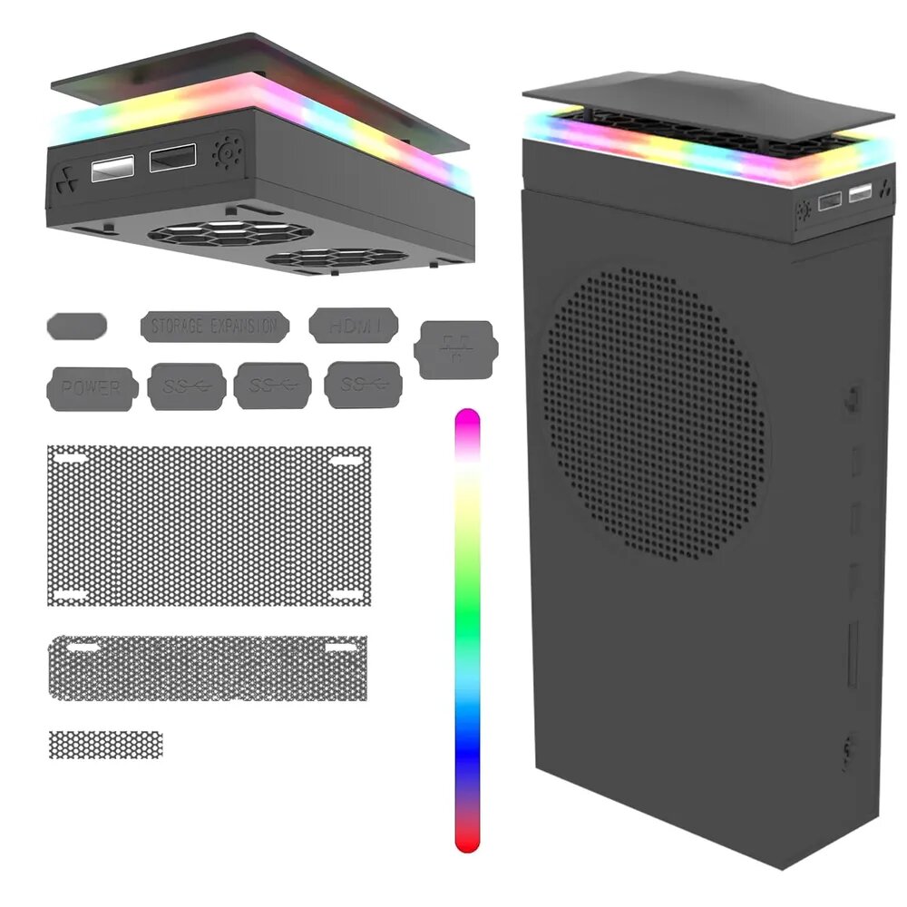 Вентилятор охлаждения совместим с Xbox Series S 1 ТБ, имеет 3 скорости и 7 режимов RGB ленты, низкий уровень шума, пылезащитный фильтр, 2 USB порта, черный