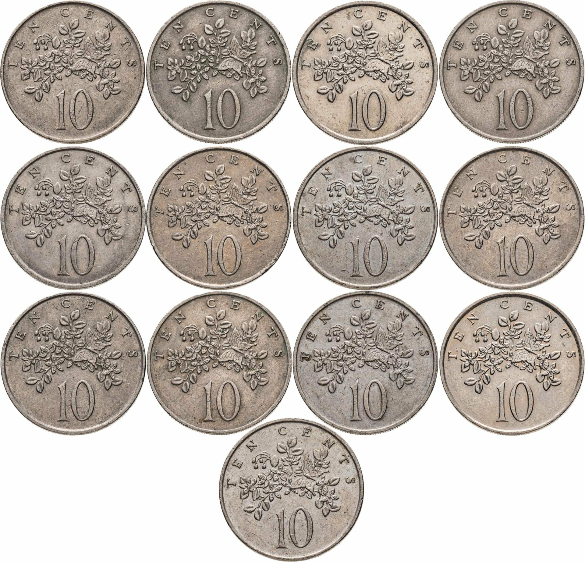 Ямайка полный набор монет 10 центов cents 1969-1989 без отметки монетного двора 13 шт , Мельхиор медь-никель, в сохранности VF-XF
