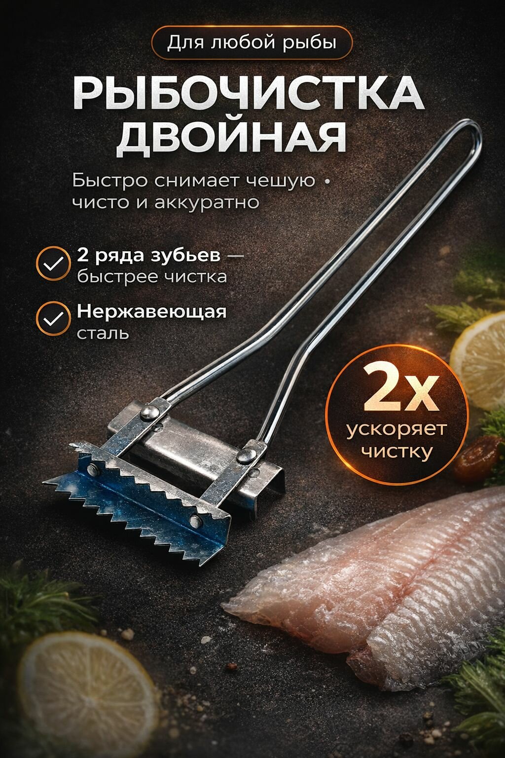Рыбочистка двойная для рыбы, 2 ряда зубьев, нержавеющая сталь, ручная-двойные зубья, быстрая чистка рыбы