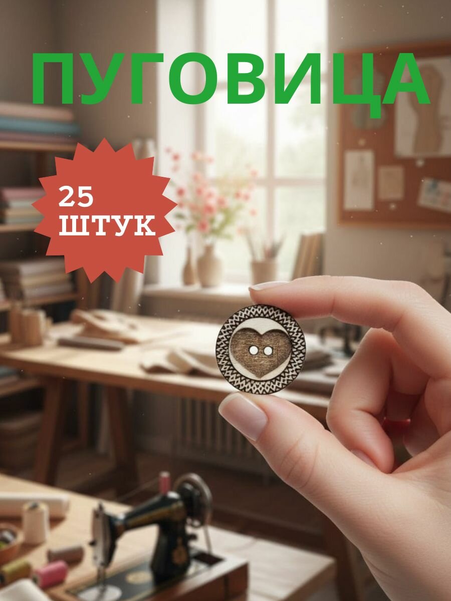 Пуговицы "Сердечко в кольце", деревянные, в кольце, для творчества, 25 шт. — фото 1