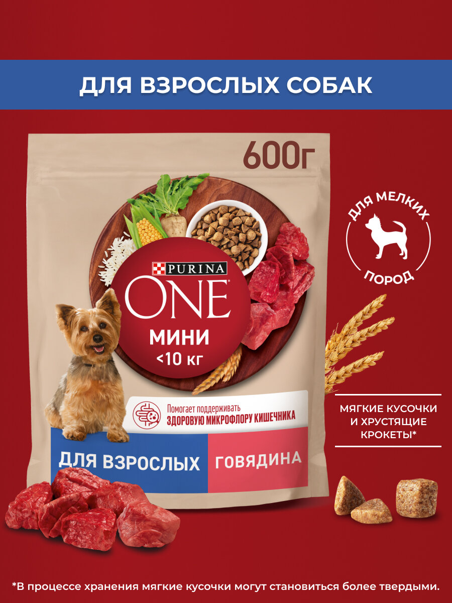 Сухой корм Purina ONE® мини для взрослых собак мелких пород с говядиной и с рисом, 600 г