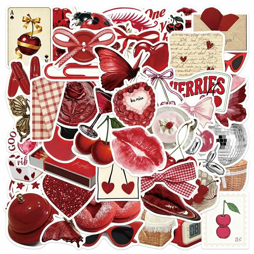 50 наклеек для девочек в цвете вишни