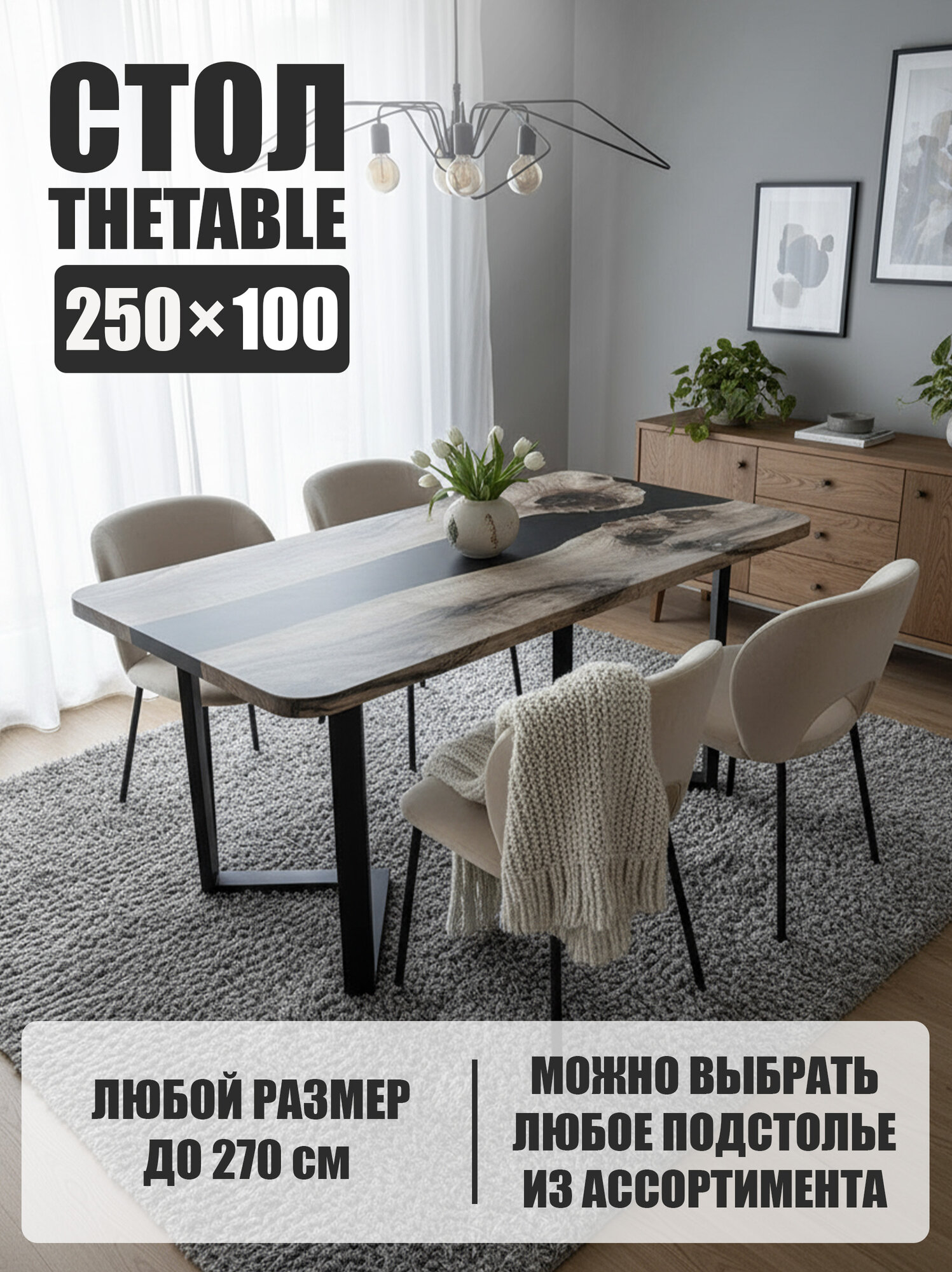 Стол кухонный обеденный прямоугольный дизайнерский лофт THETABLE•RU 250х100 3.30/3.1