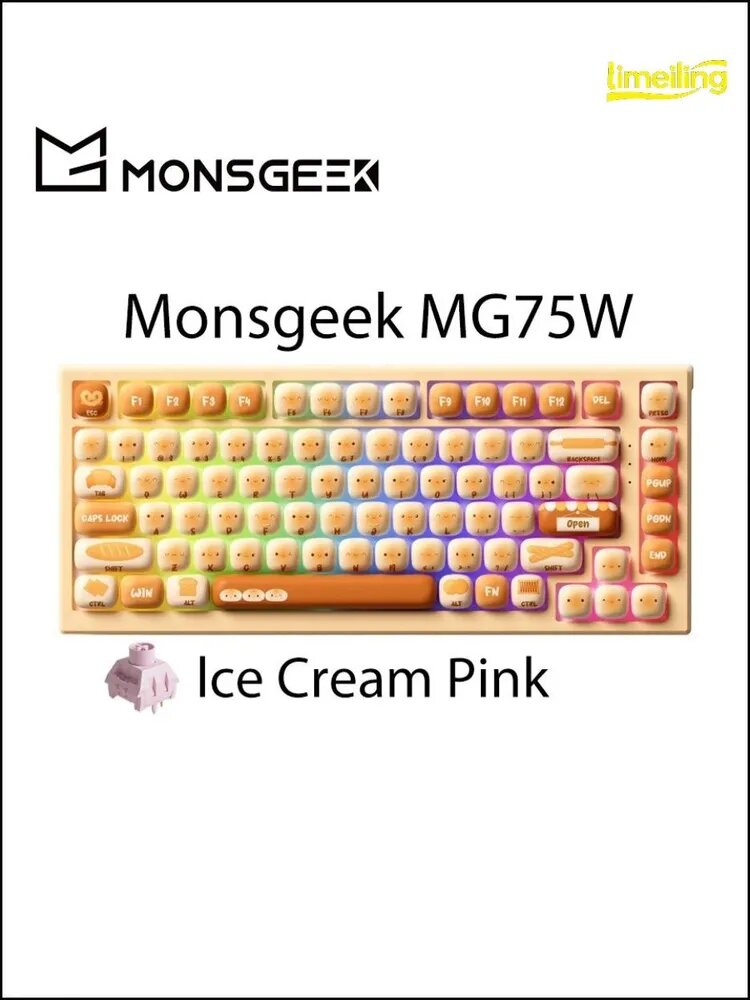 Игровая клавиатура беспроводная AKKO Monsgeek MG75W Планета Булочек: беспроводная механическая клавиатура (83 клавиши, US, hot-swap), (Ice Cream Pink), Английская раскладка, коричневый, кремовый