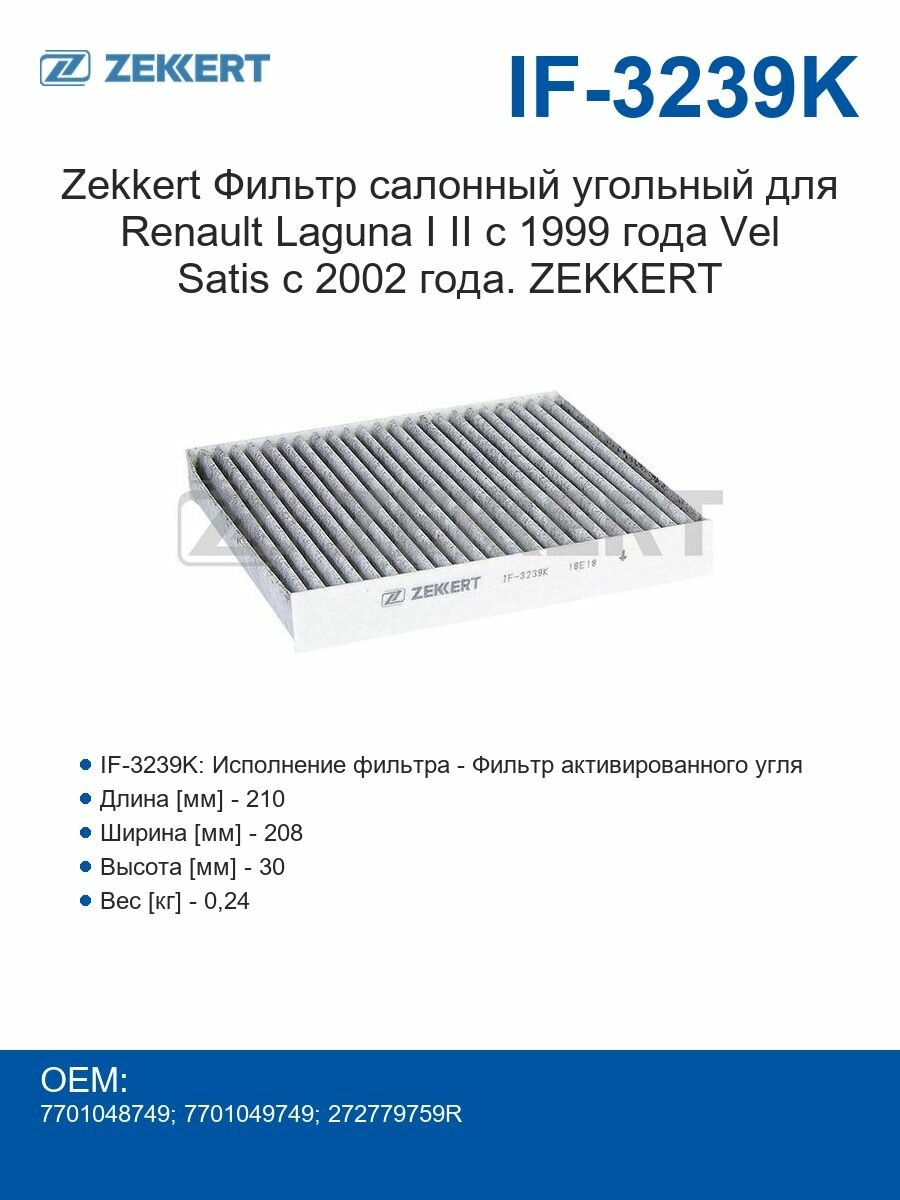 Zekkert Фильтр салонный угольный для Renault Laguna I II с 1999 года Vel Satis с 2002 года. ZEKKERT