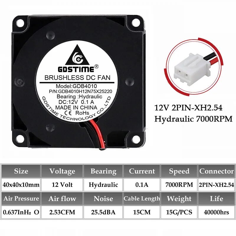 Gdstime 4010 12V Hydraulic Fan 7000RPM 2PIN