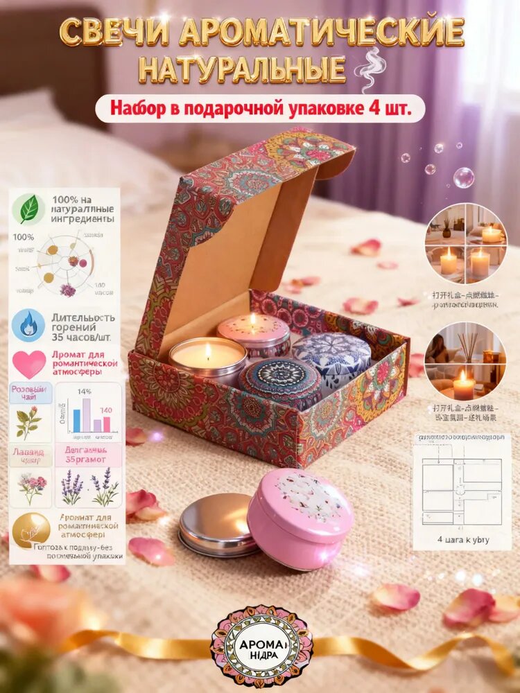 Свеча "Фиалка Апельсин Гардения Ваниль", 4 см х 5.5 см, 4 шт