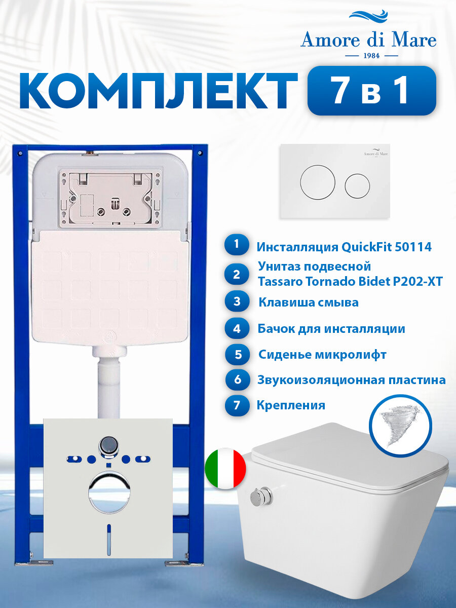 Комплект инсталляции Amore di Mare QuickFit 50114 с унитазом Tassaro Tornado Bidet P202-XT с функцией биде с кнопкой 303W 7 в 1, Италия