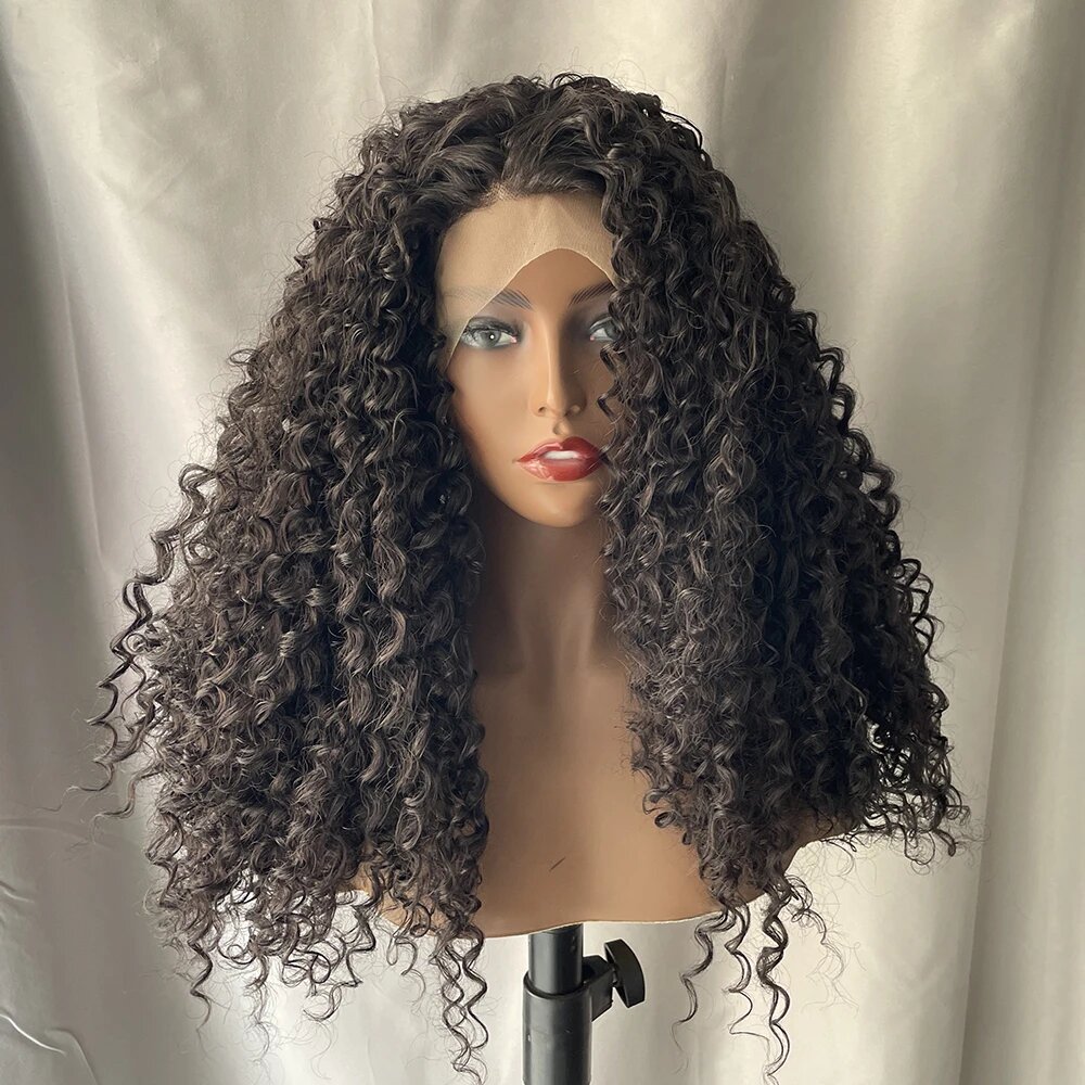 Афро-кудрявые вьющиеся синтетические парики спереди для женщин Темно-коричневые 13X4 Длинные парики шнурка Африка-Американский термостойкий натуральный вид