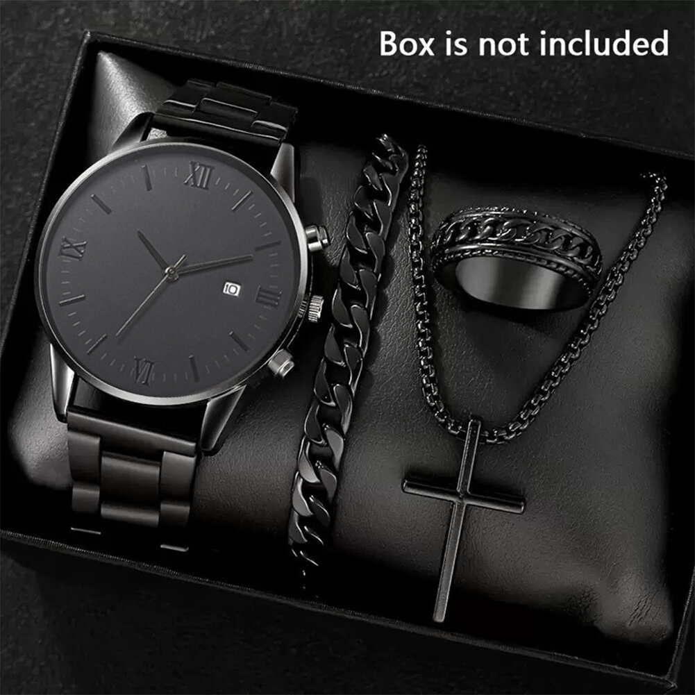 Мужской подарочный набор: кварцевые наручные часы с календарем, ожерелье, браслет и кольцо. Идеальный подарок для мужчины