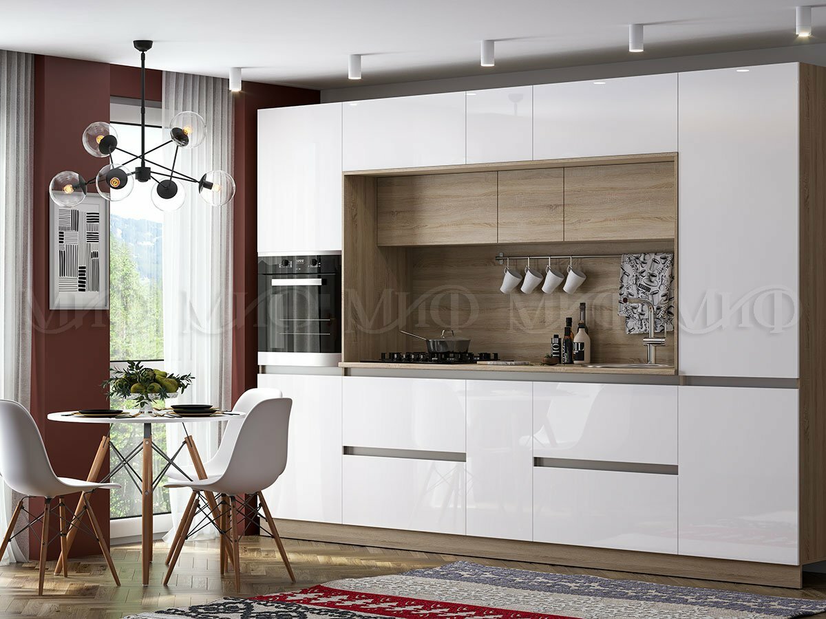 Кухня Карина ЛДСП 320 см. Белый глянец, Дуб Сонома