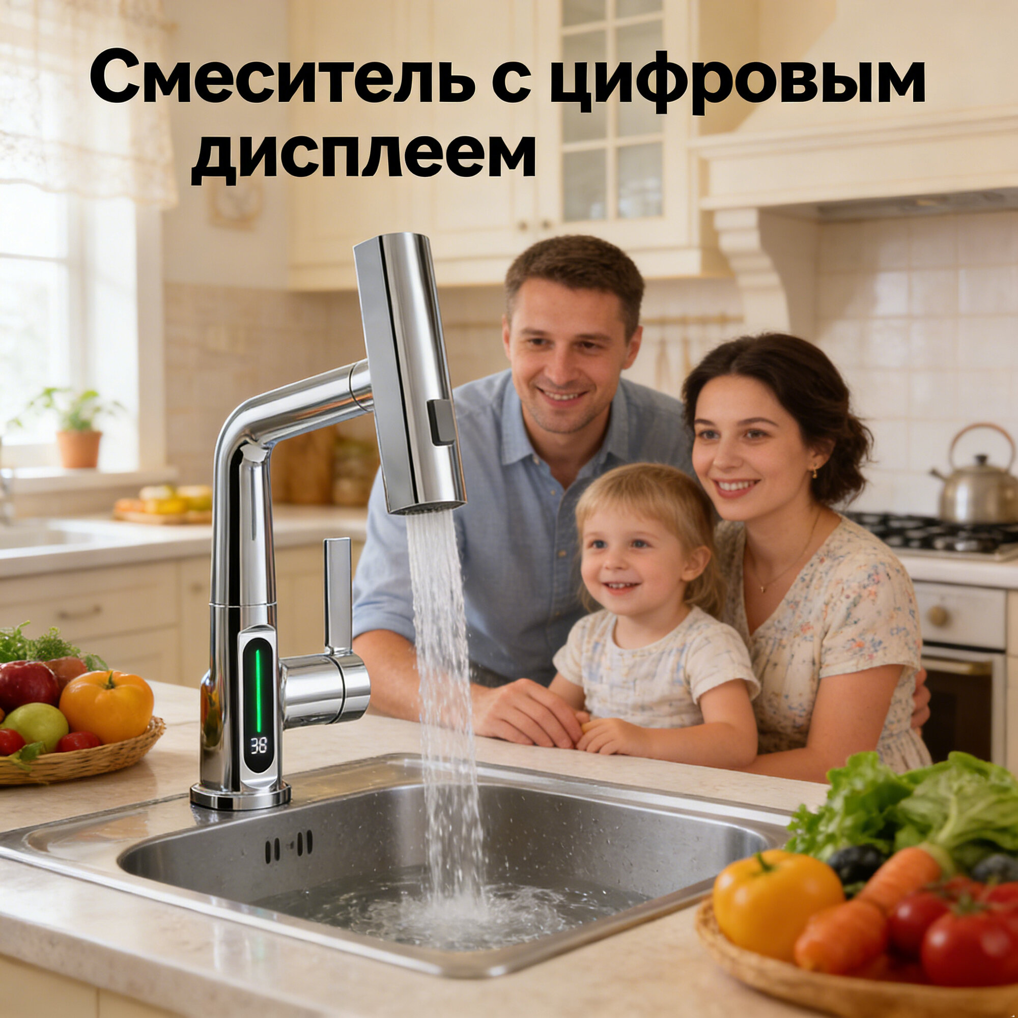 Смеситель, для раковины, ванной, выдвижной, цифровой индикатор, поворотный