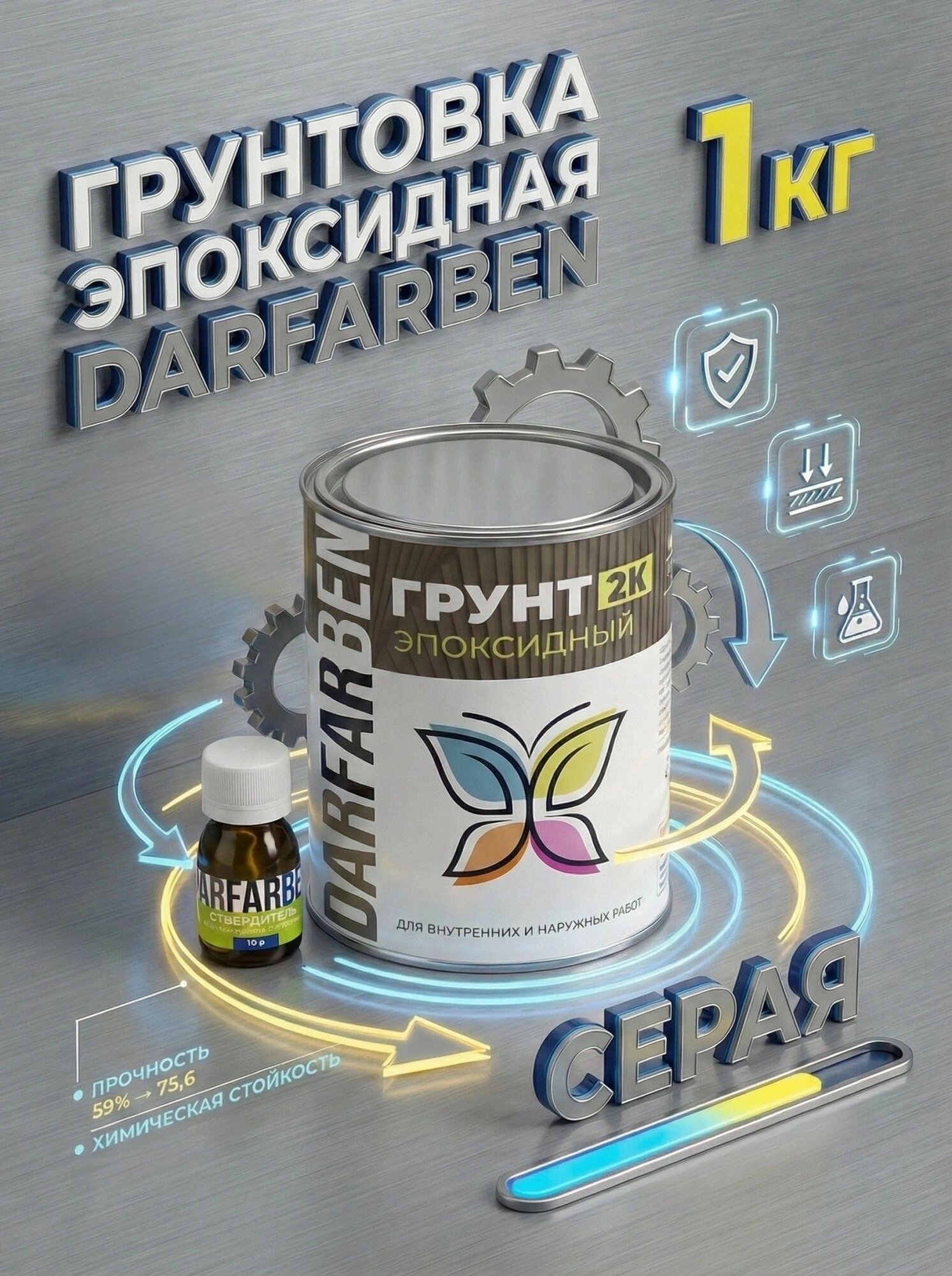 Эпоксидный грунт для авто серый, 2К грунтовка для автомобиля, антикоррозийная защита кузова и рамы 1 кг DARFARBEN