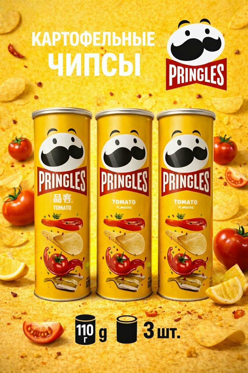 Чипсы картофельные Pringles Tomato Flavour Принглс cо вкусом томатов, 3 шт * 110 г, Китай