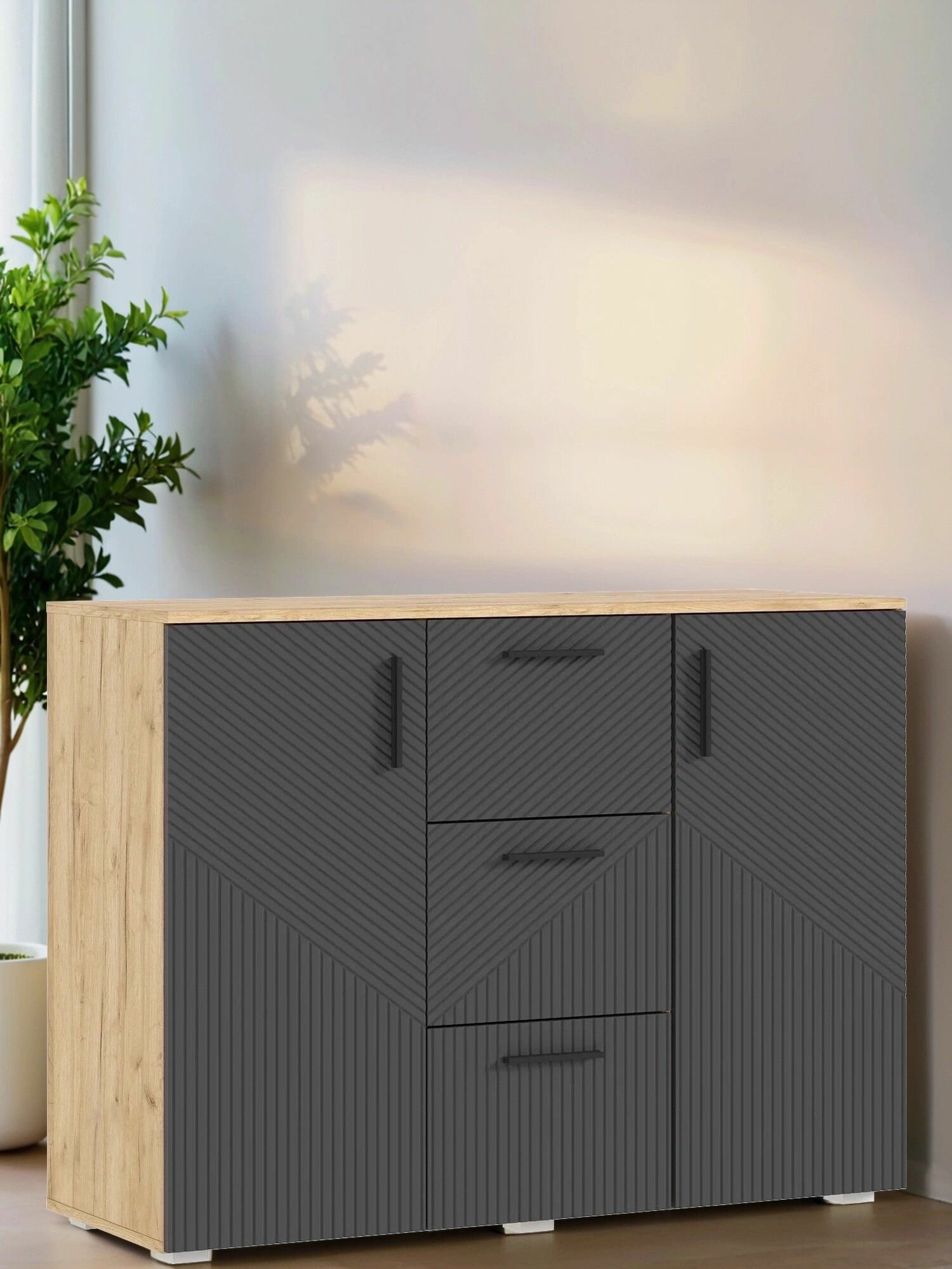 Сильвия Комод 3 ящика 2 двери, Браш Графит, Дуб Крафт