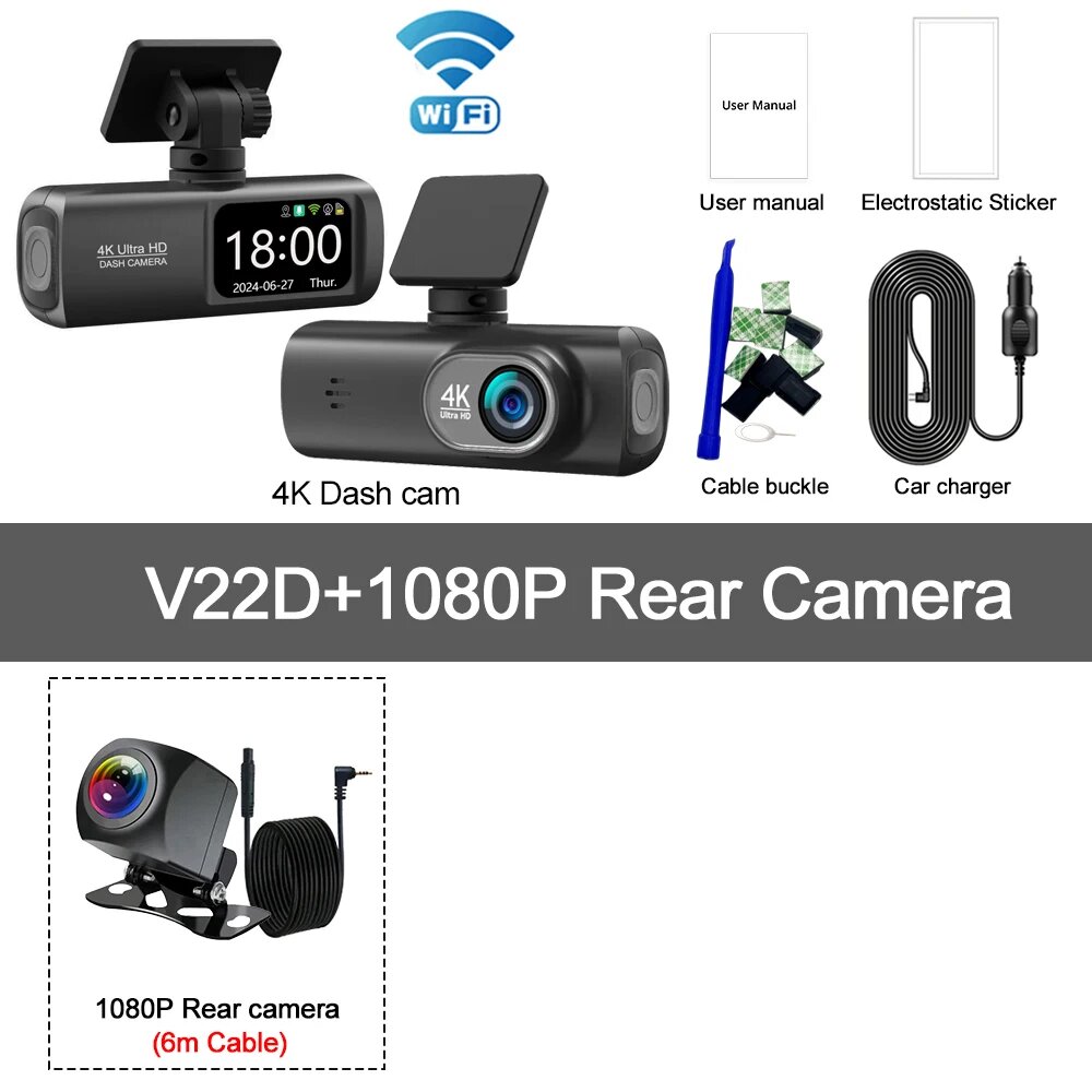 Автомобильный видеорегистратор 4K V22D+1080P с Wi-Fi